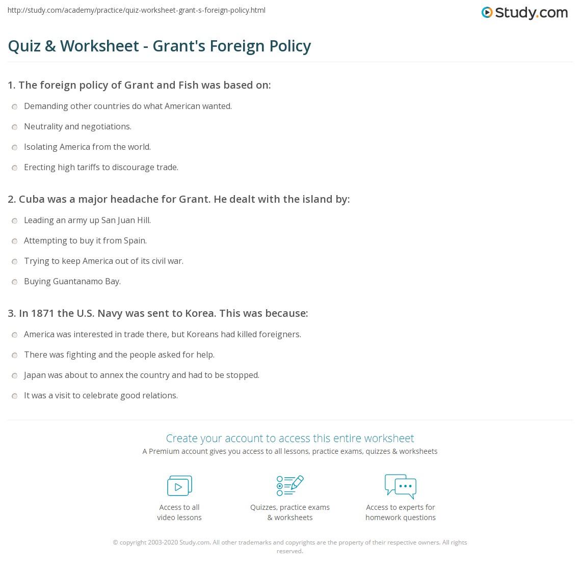 Quiz & Worksheet - Grant's Foreign Policy | Study.com