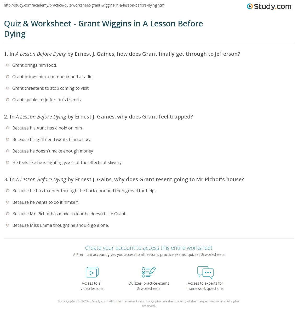 Quiz & Worksheet - Grant Wiggins in A Lesson Before Dying | Study.com