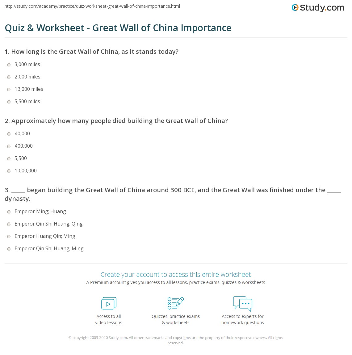 Quiz & Worksheet - Great Wall of China Importance | Study.com