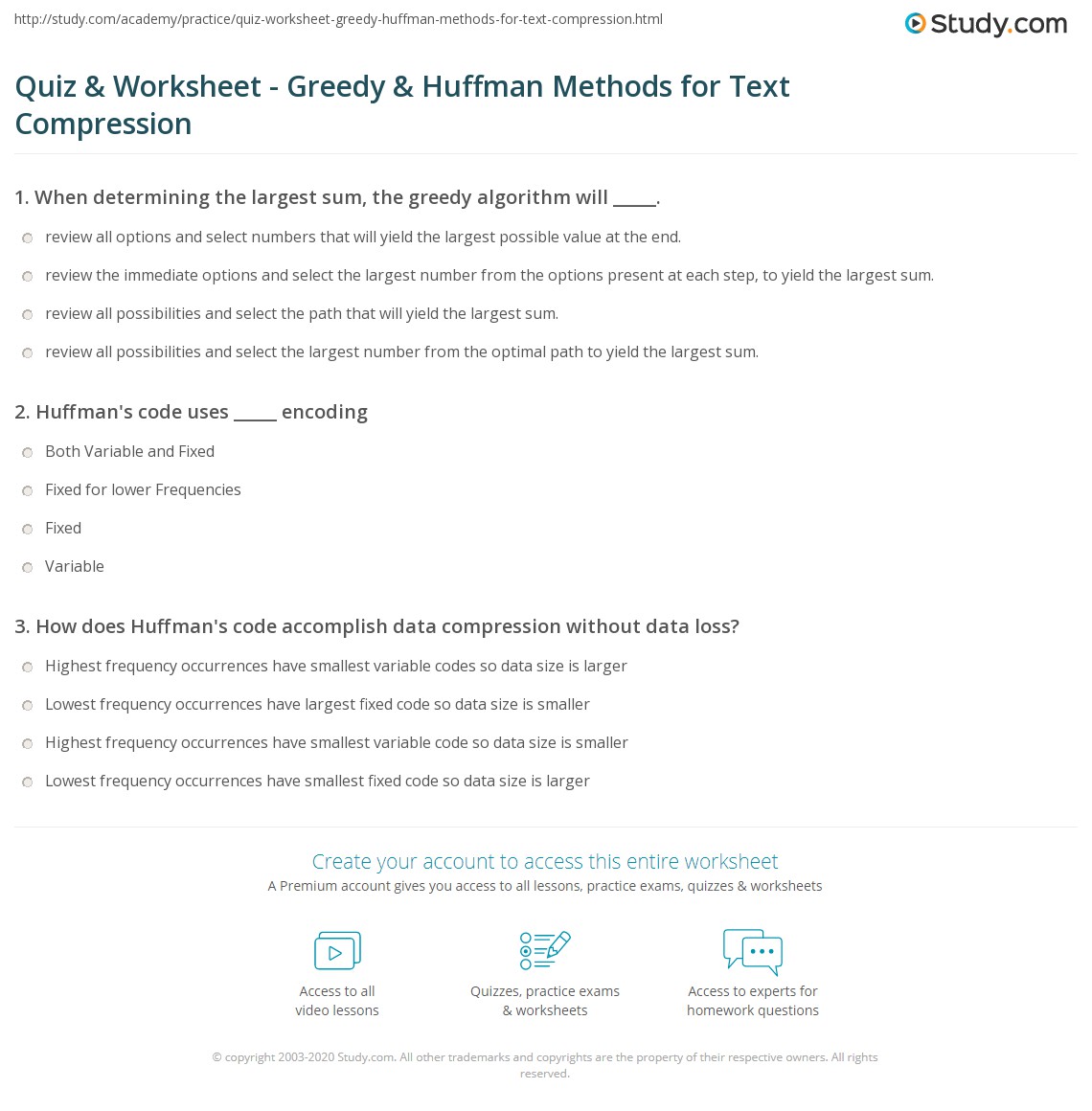 Quiz & Worksheet - Greedy & Huffman Methods for Text Compression ...