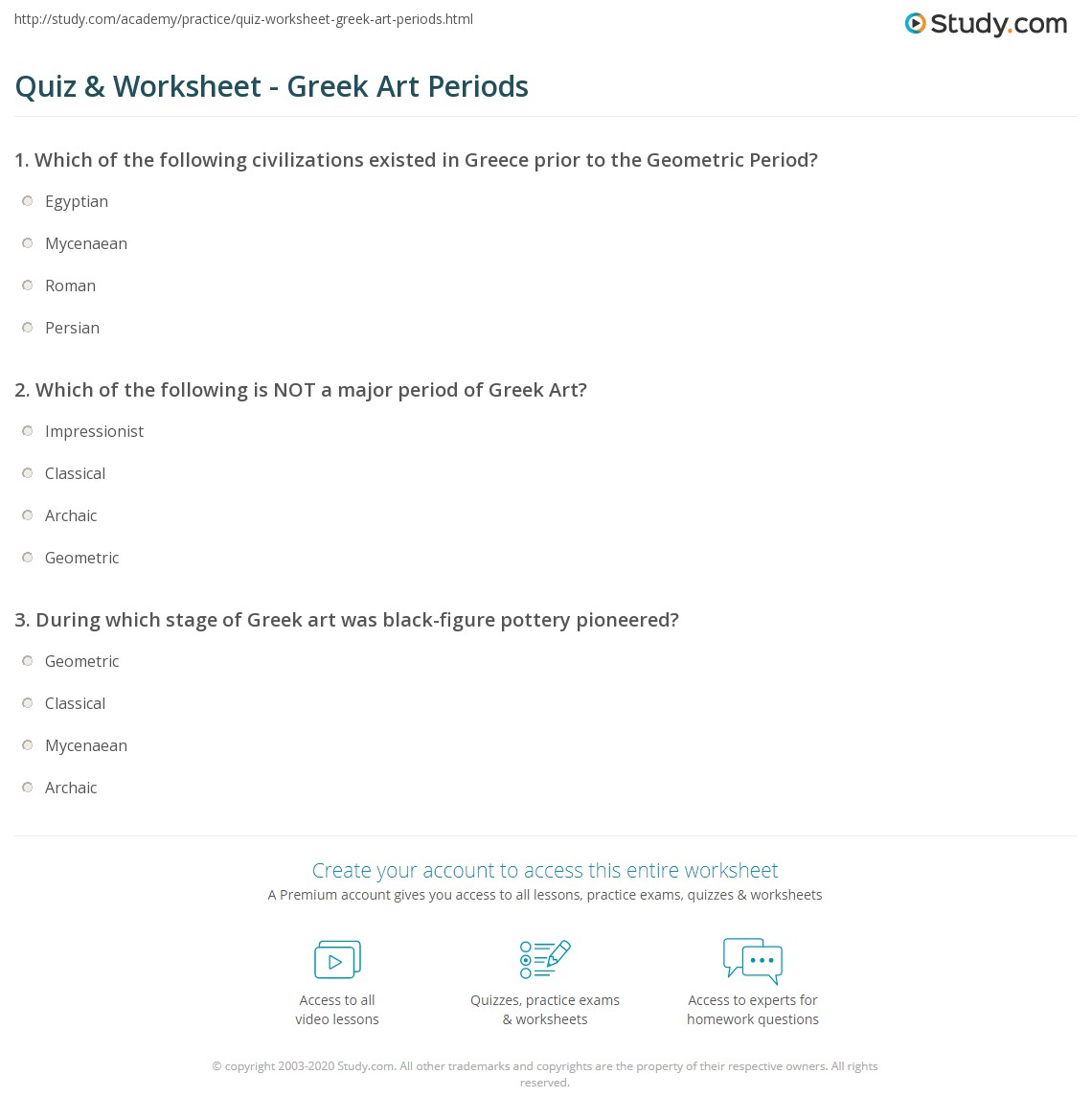 Quiz & Worksheet - Greek Art Periods | Study.com