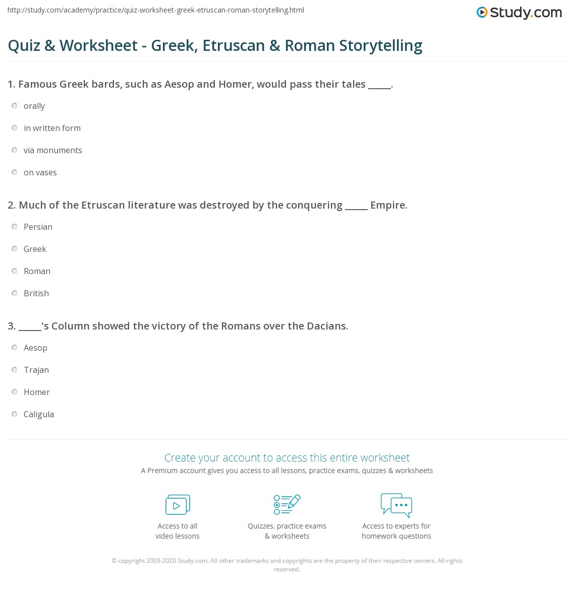 Quiz & Worksheet - Greek, Etruscan & Roman Storytelling | Study.com
