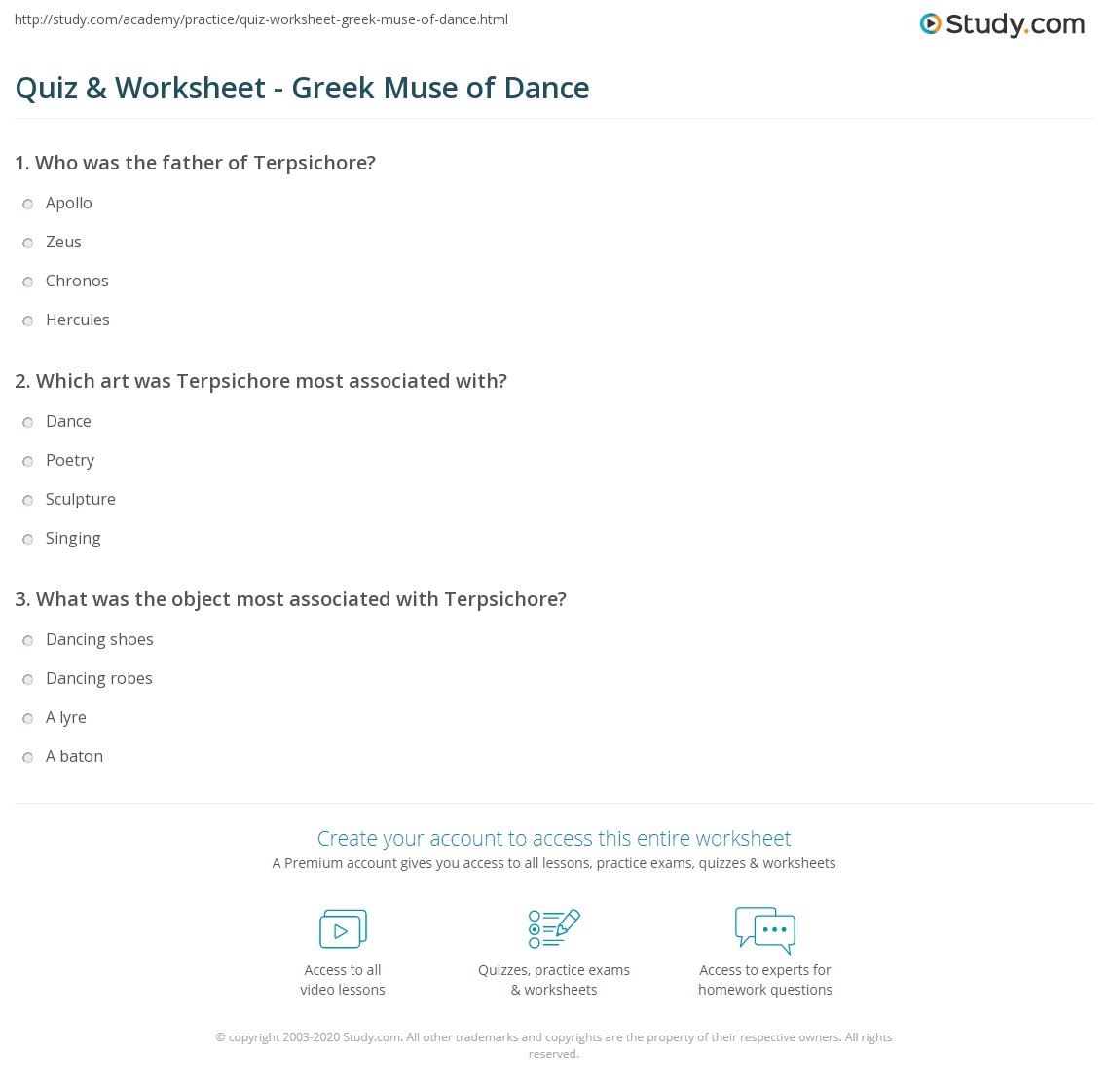 Quiz & Worksheet - Greek Muse of Dance | Study.com