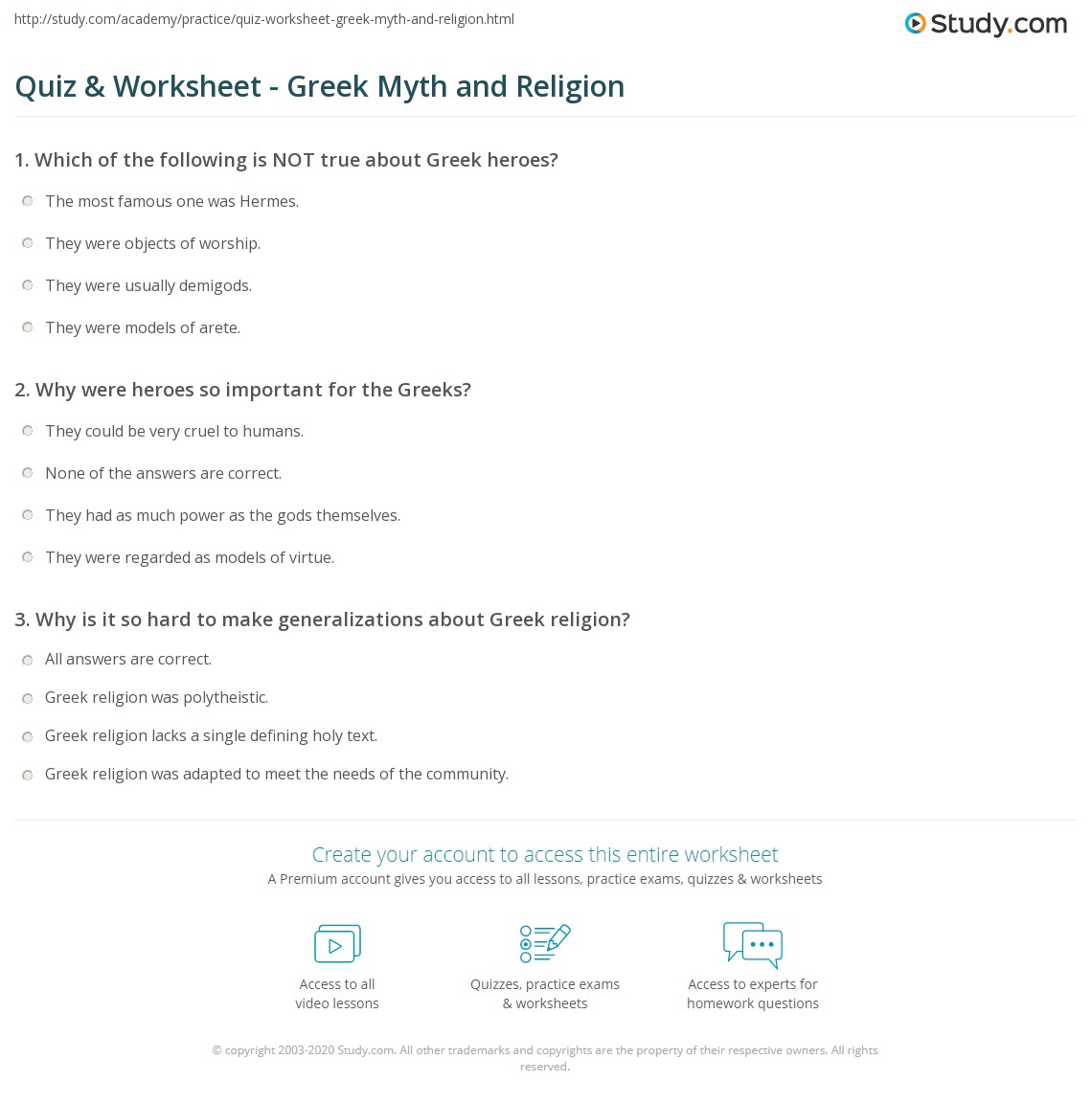 Quiz & Worksheet - Greek Myth and Religion | Study.com