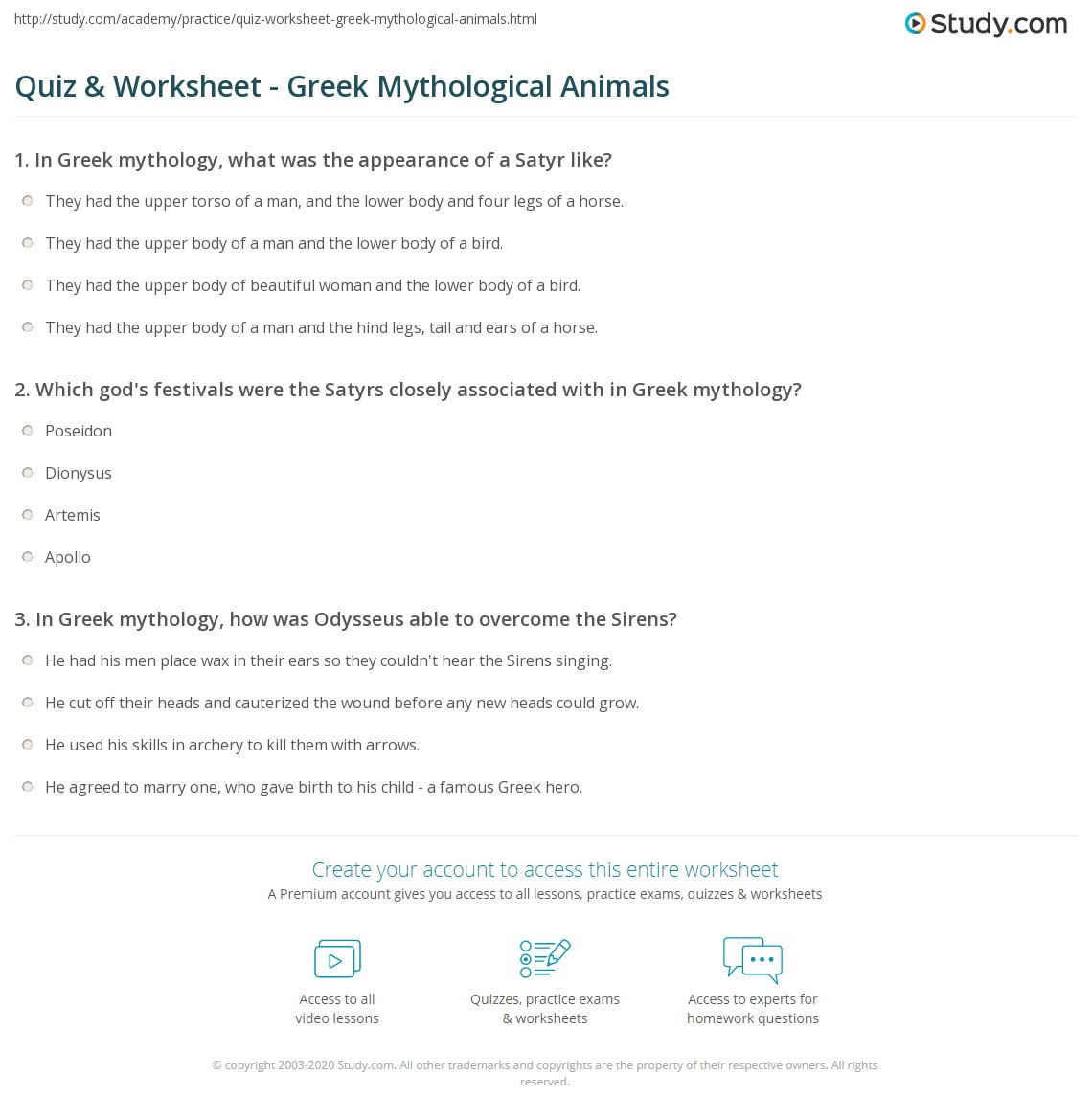 Quiz & Worksheet - Greek Mythological Animals | Study.com