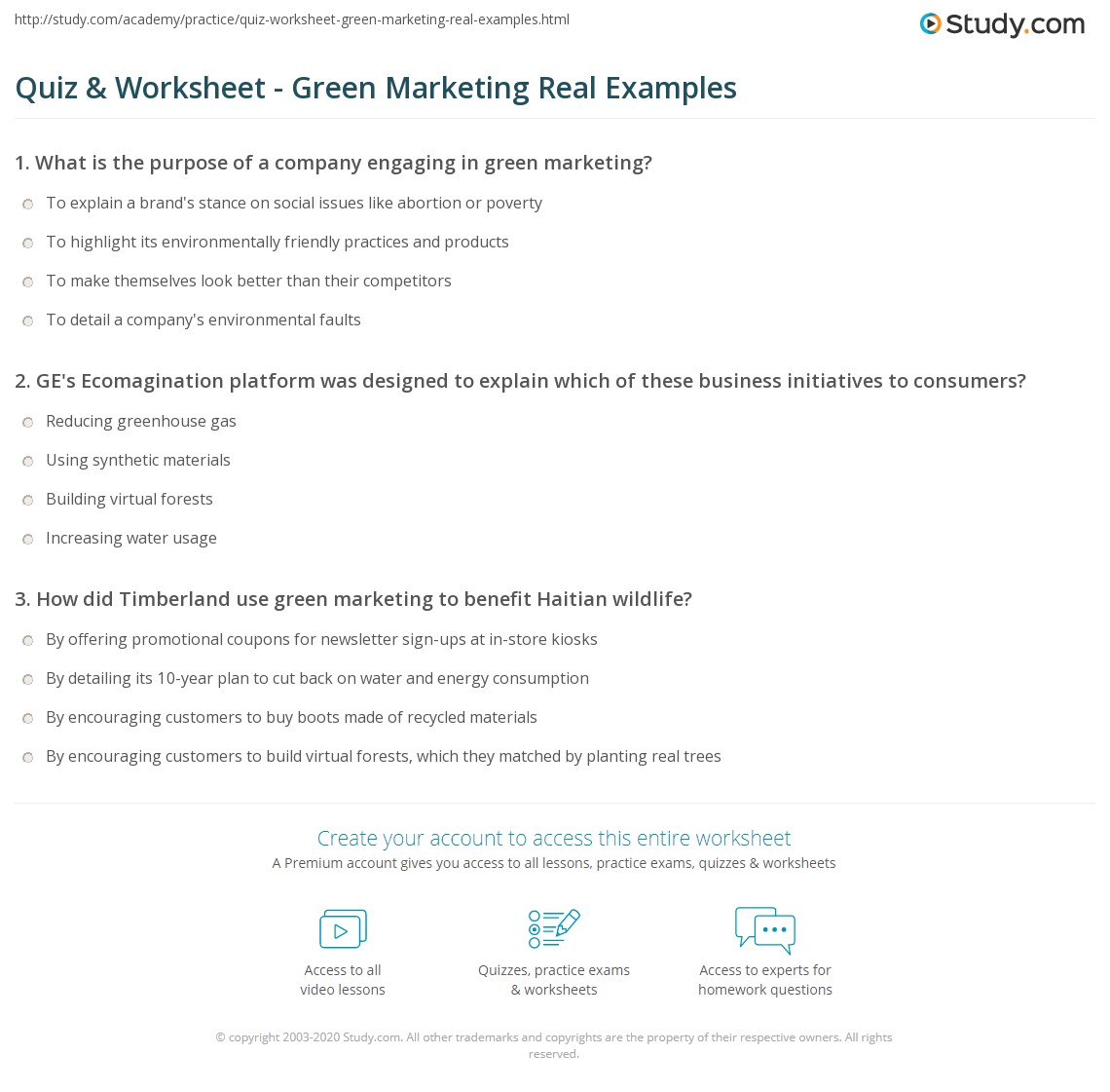 Quiz & Worksheet - Green Marketing Real Examples | Study.com