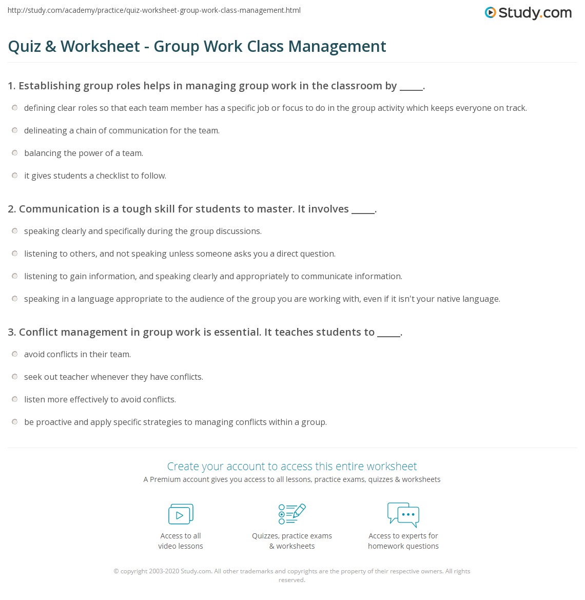 Quiz & Worksheet - Group Work Class Management | Study.com