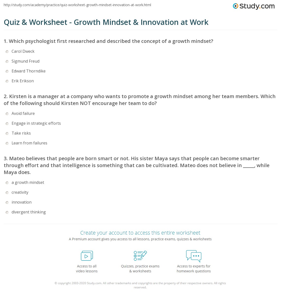 Quiz & Worksheet - Growth Mindset & Innovation at Work | Study.com