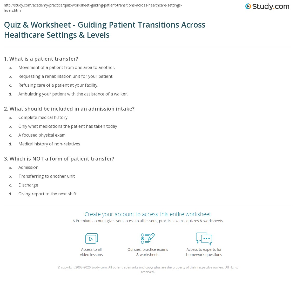 Quiz & Worksheet - Guiding Patient Transitions Across Healthcare ...