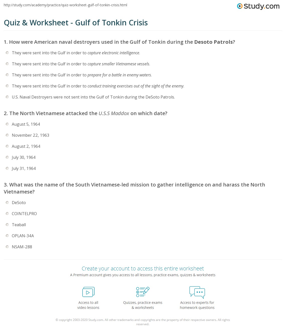 Quiz & Worksheet - Gulf of Tonkin Crisis | Study.com