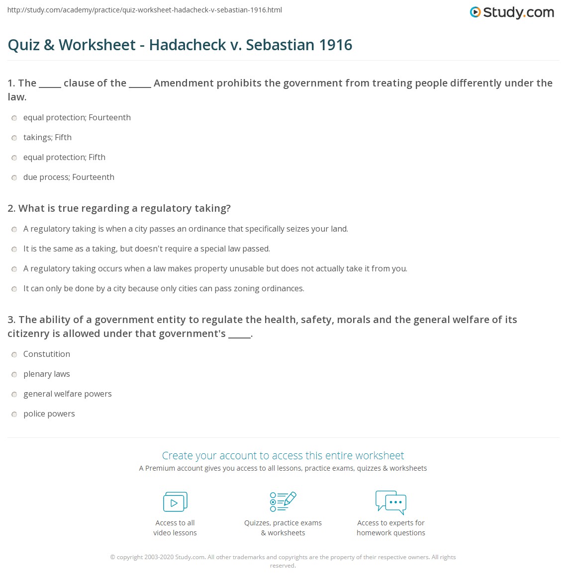 Quiz & Worksheet - Hadacheck v. Sebastian 1916 | Study.com