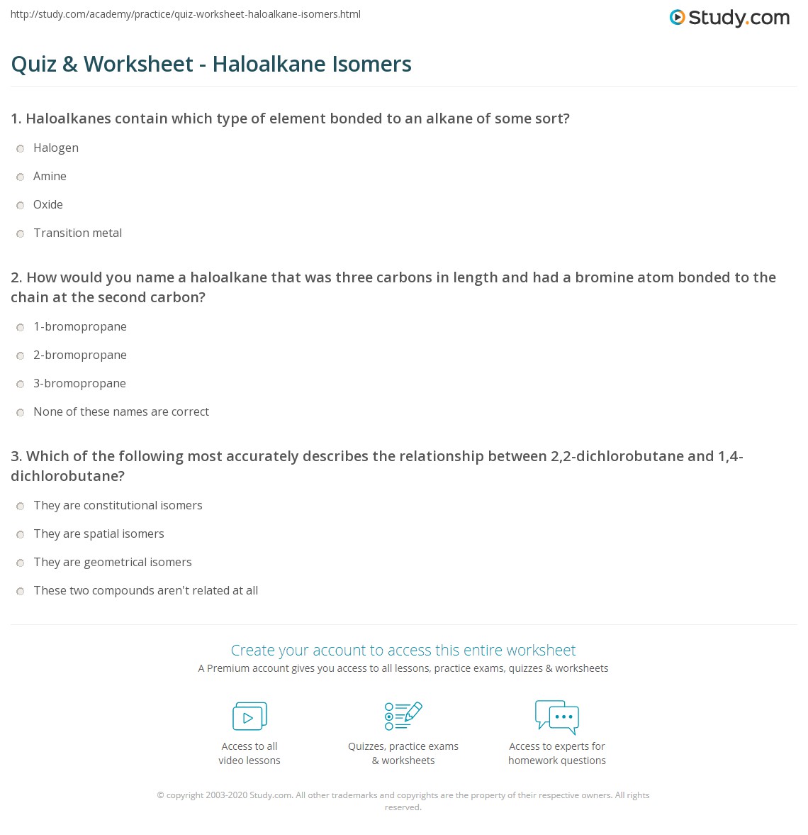 Quiz & Worksheet - Haloalkane Isomers | Study.com