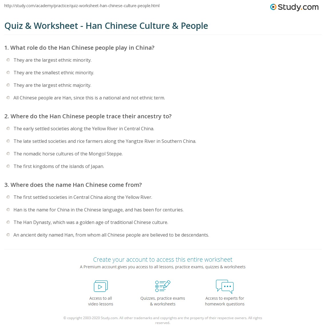 Quiz & Worksheet - Han Chinese Culture & People | Study.com