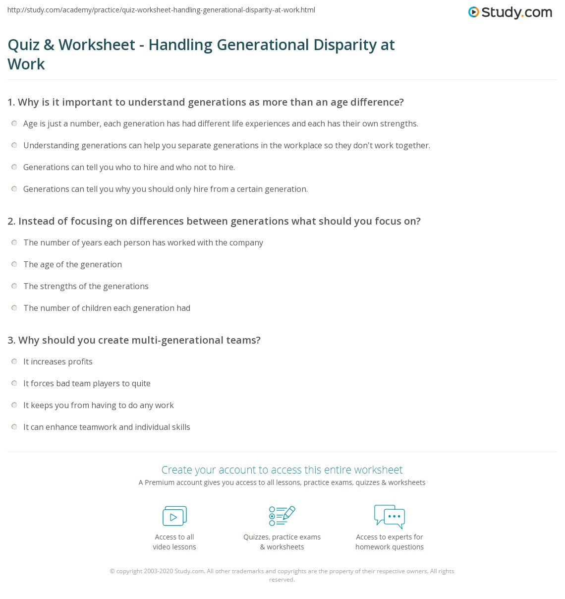 Quiz & Worksheet - Handling Generational Disparity at Work | Study.com