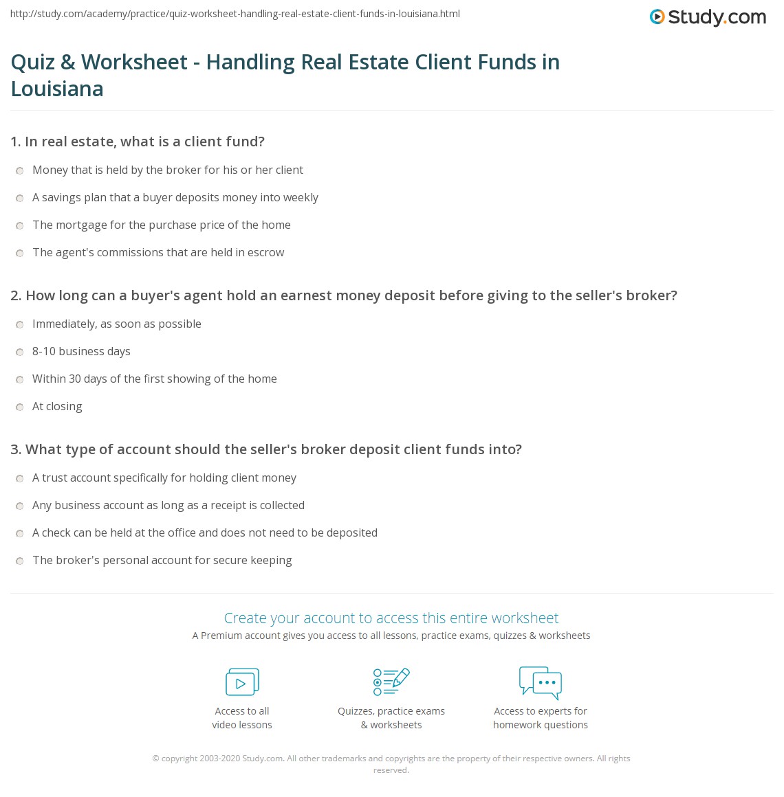Quiz & Worksheet - Handling Real Estate Client Funds in Louisiana ...