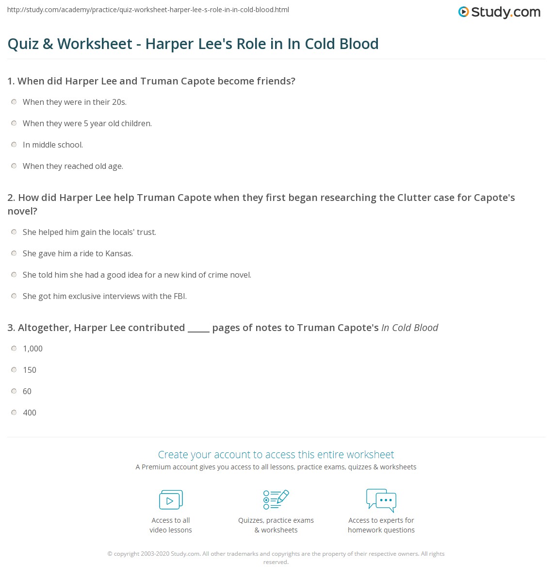 Quiz & Worksheet - Harper Lee's Role in In Cold Blood | Study.com