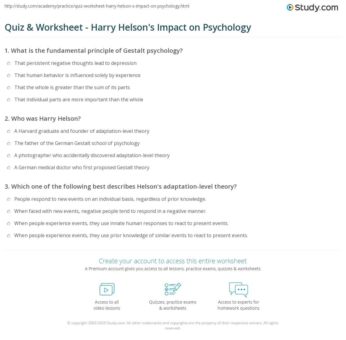 Quiz & Worksheet - Harry Helson's Impact on Psychology | Study.com