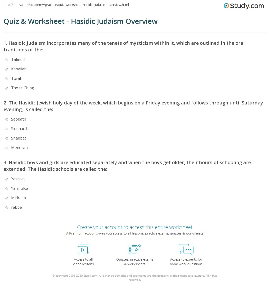 Quiz & Worksheet - Hasidic Judaism Overview | Study.com