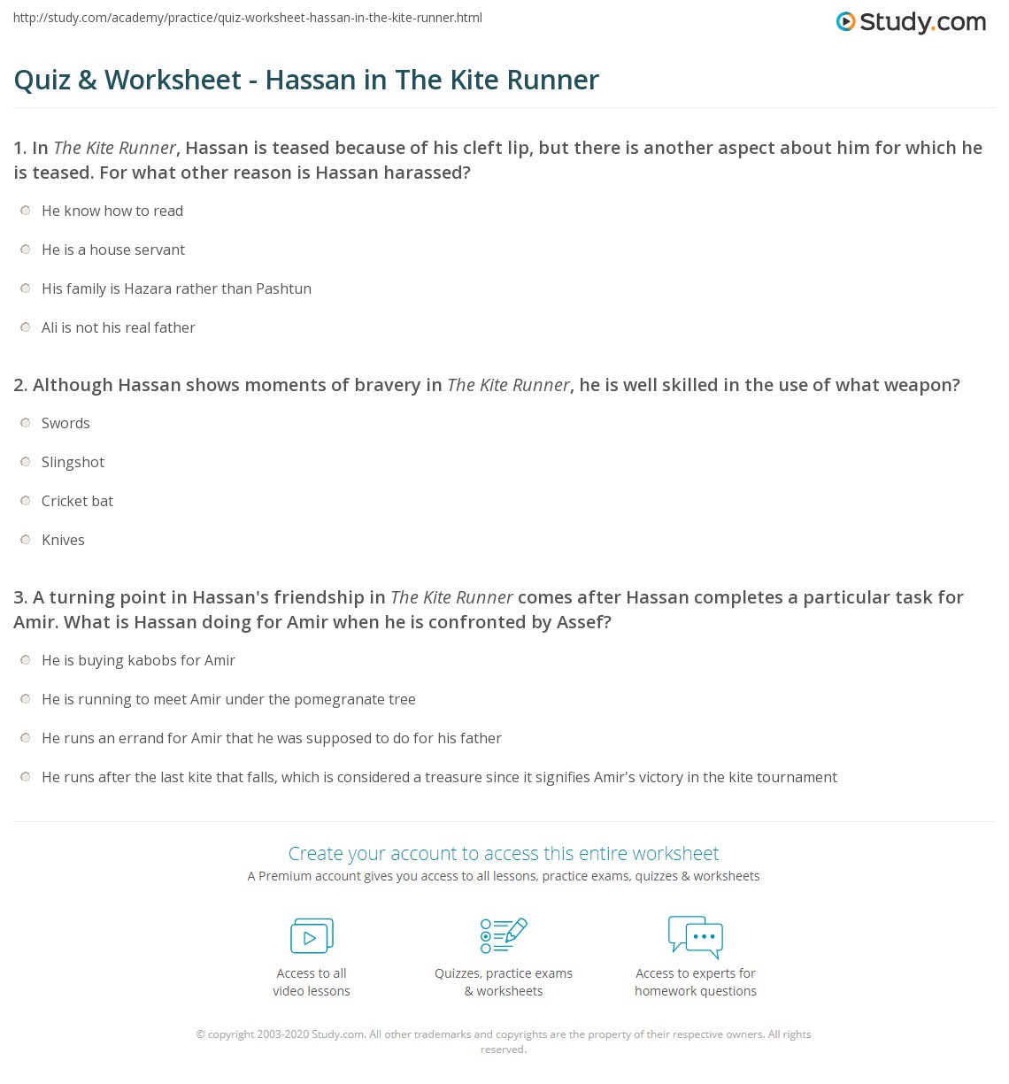 Quiz & Worksheet - Hassan in The Kite Runner | Study.com