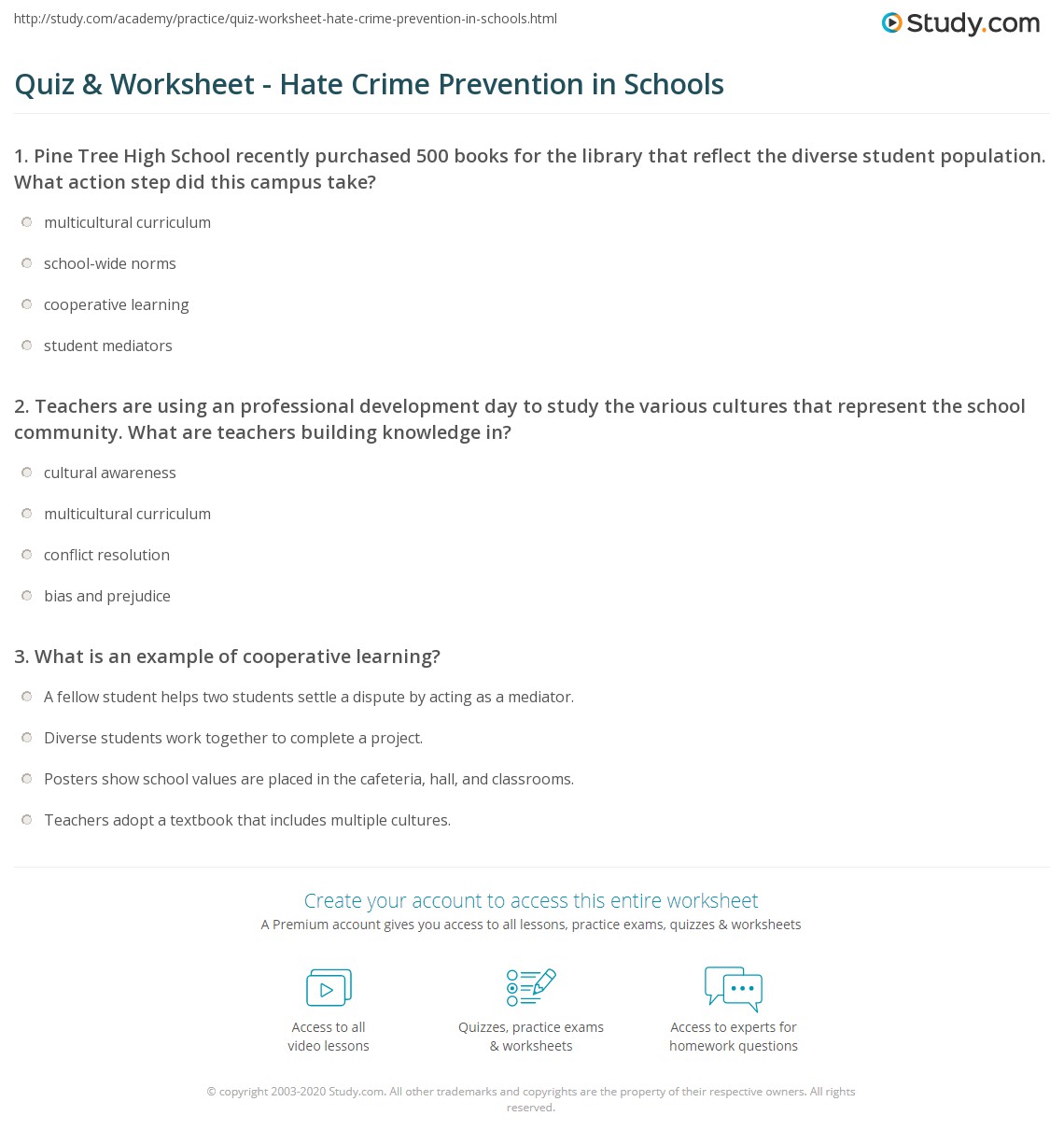 Quiz & Worksheet - Hate Crime Prevention in Schools | Study.com