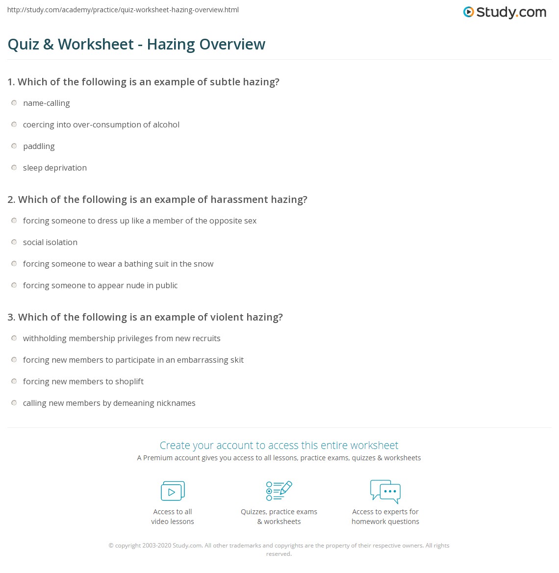 Quiz & Worksheet - Hazing Overview | Study.com