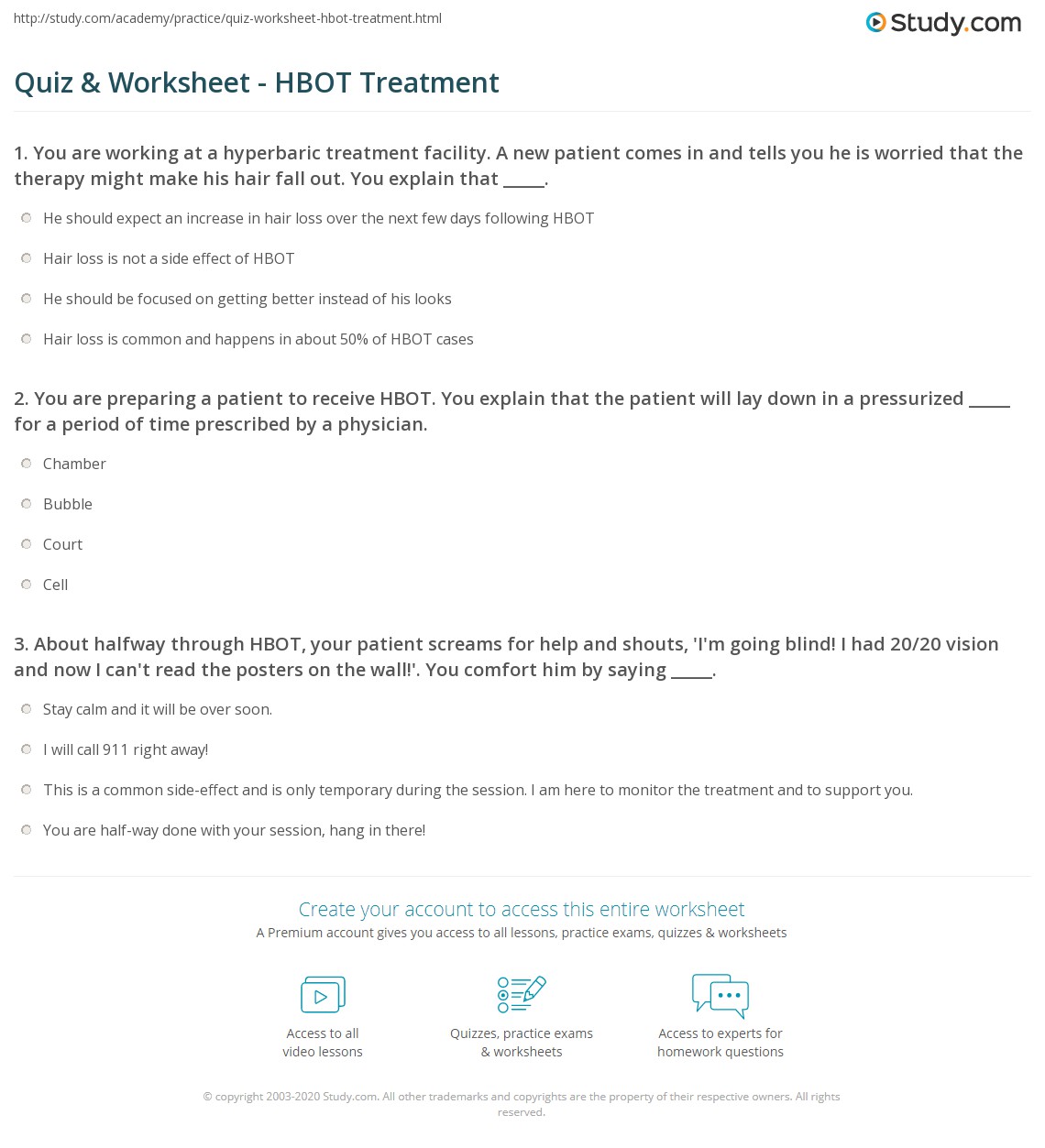 Quiz & Worksheet - HBOT Treatment | Study.com