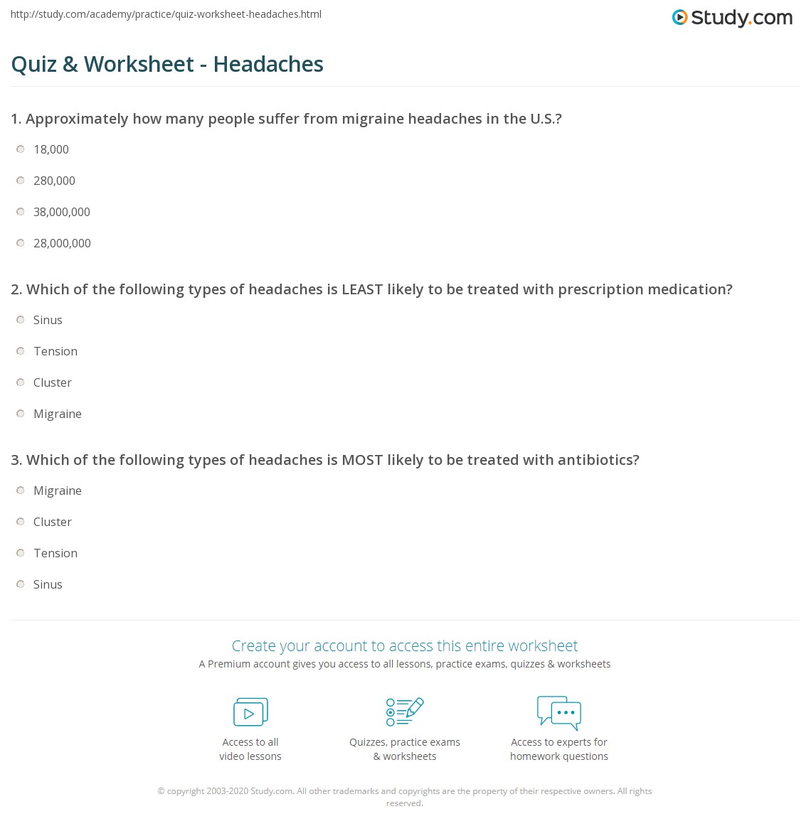 Quiz & Worksheet - Headaches | Study.com