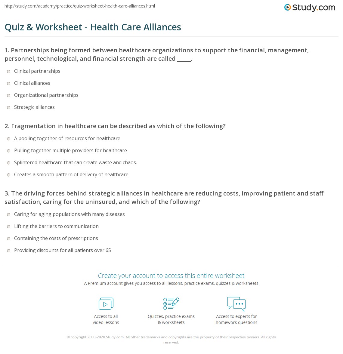 Quiz & Worksheet - Health Care Alliances | Study.com