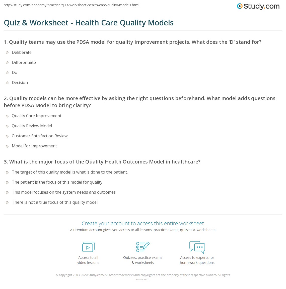 Quiz & Worksheet - Health Care Quality Models | Study.com