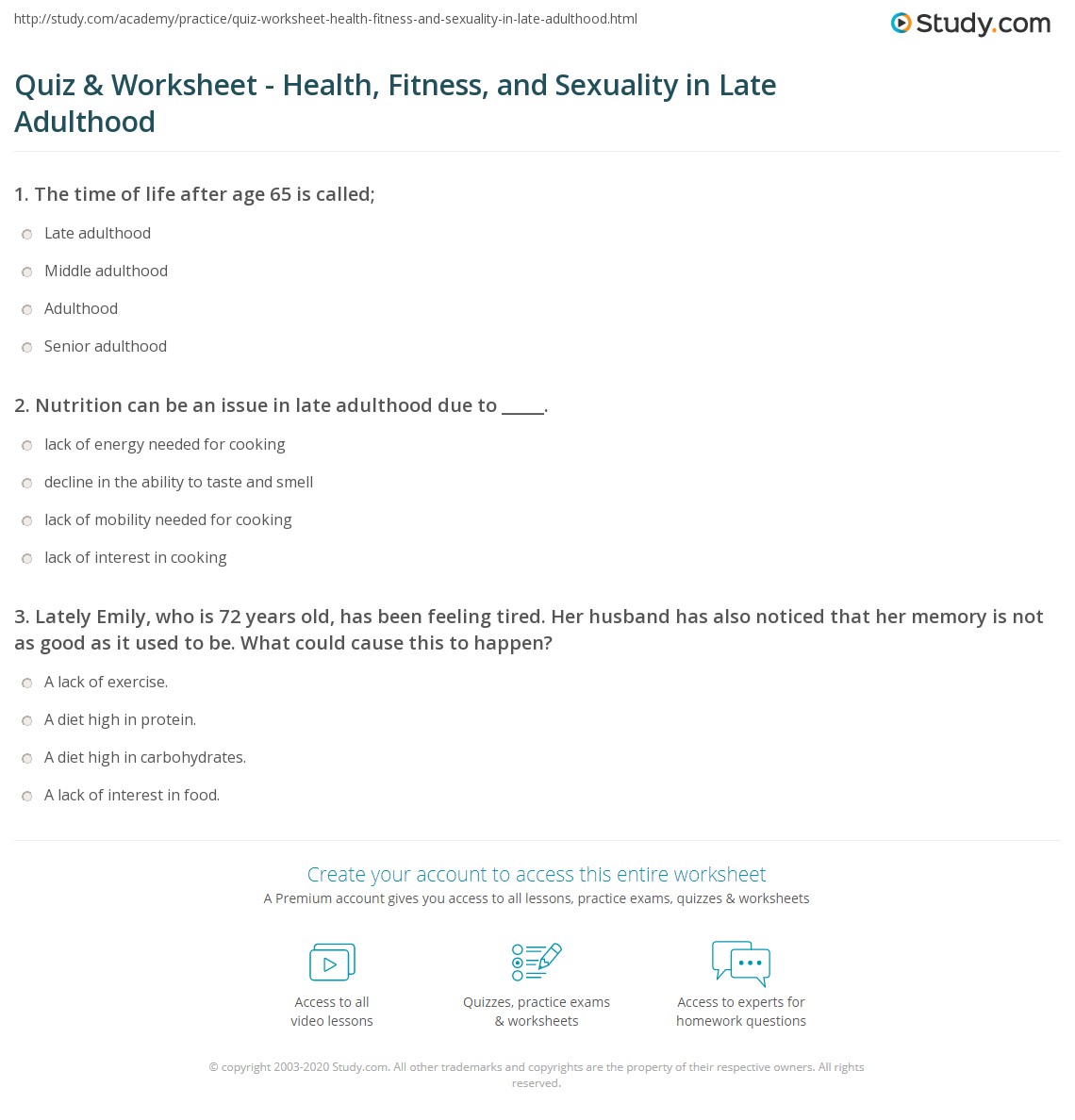 Quiz & Worksheet - Health, Fitness, and Sexuality in Late Adulthood ...