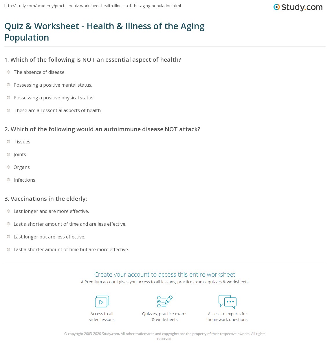 Quiz & Worksheet - Health & Illness of the Aging Population | Study.com