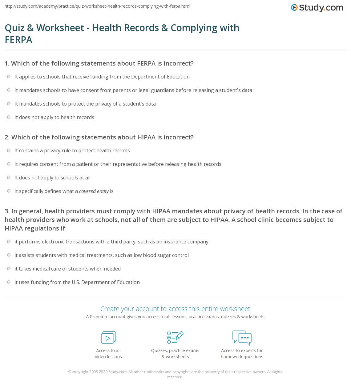 Quiz & Worksheet - Health Records & Complying with FERPA | Study.com