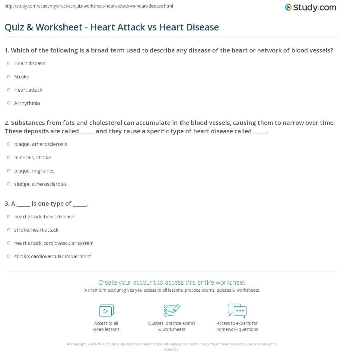 Quiz & Worksheet - Heart Attack vs Heart Disease | Study.com