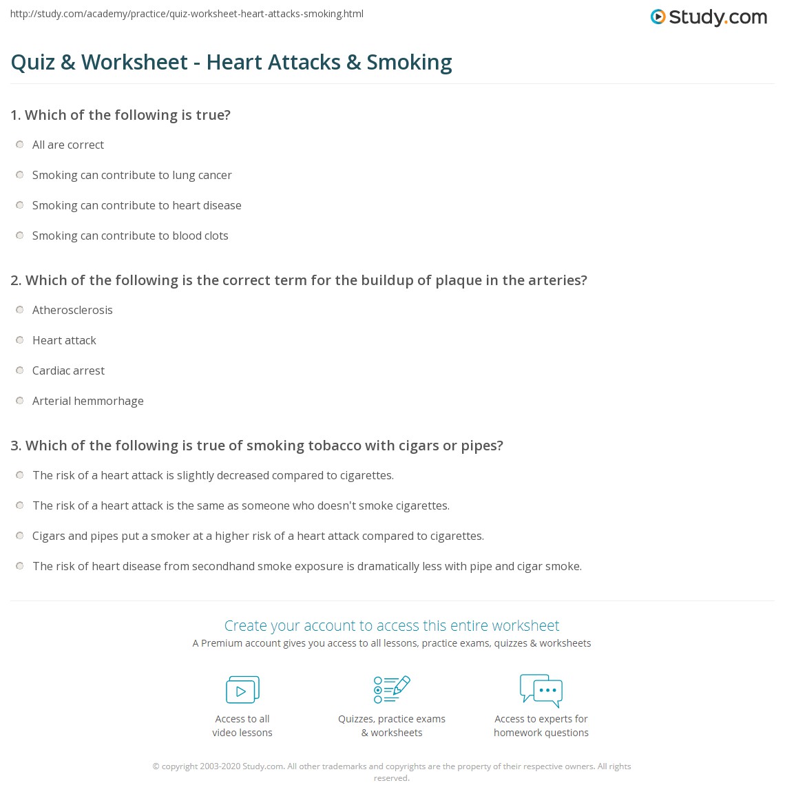 Quiz & Worksheet - Heart Attacks & Smoking | Study.com