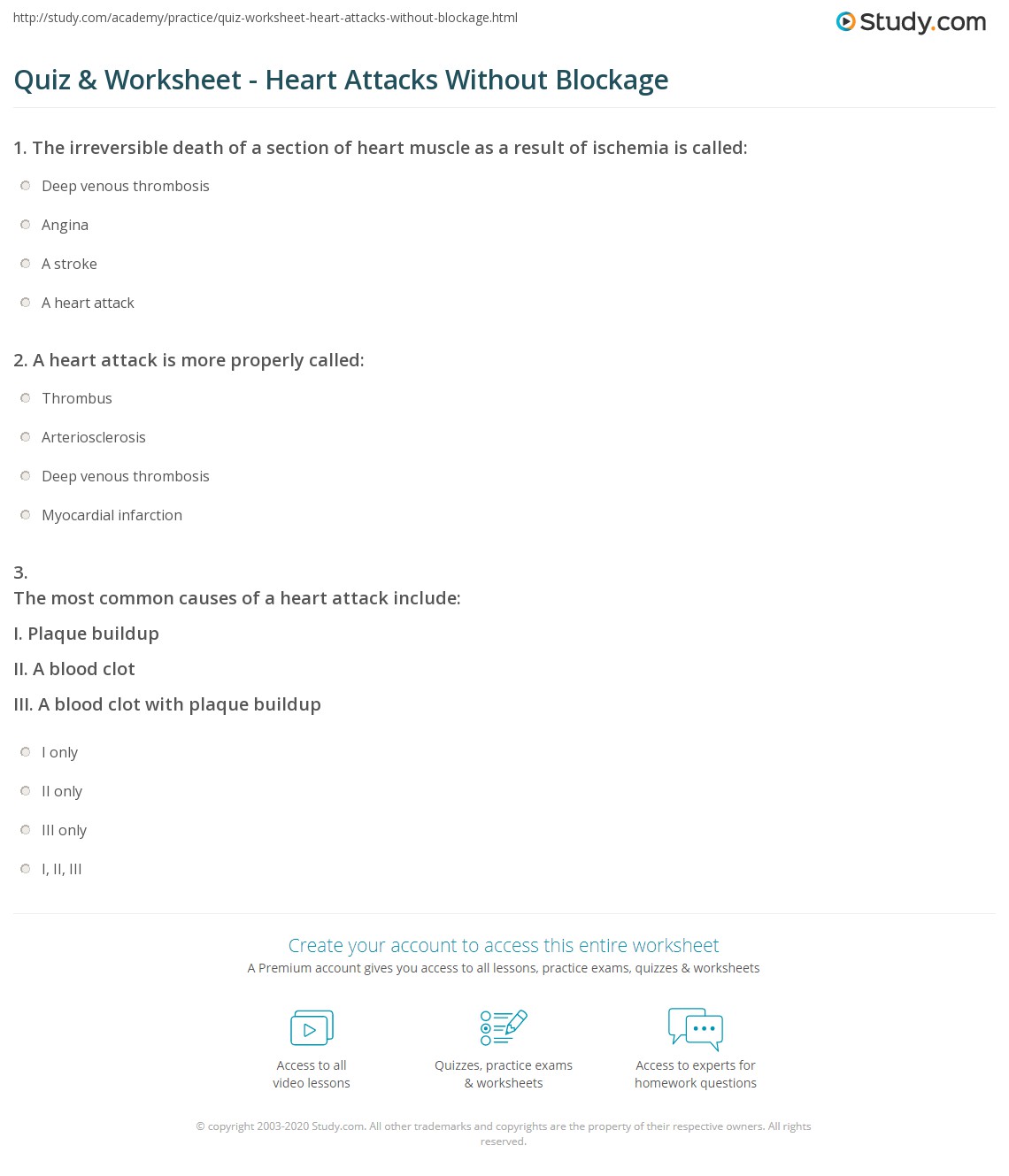 Quiz & Worksheet - Heart Attacks Without Blockage | Study.com