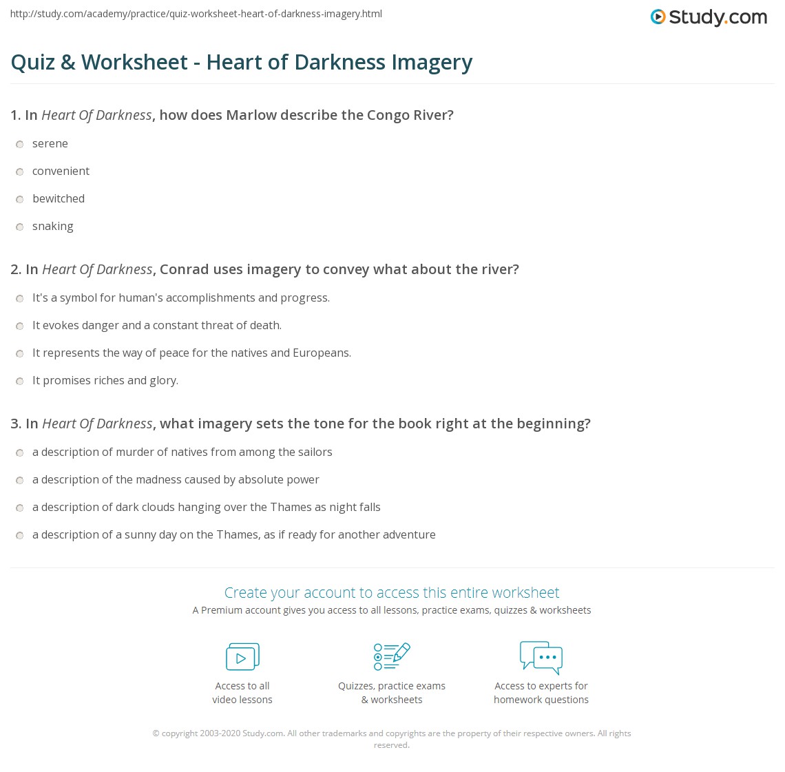 Quiz & Worksheet - Heart of Darkness Imagery | Study.com