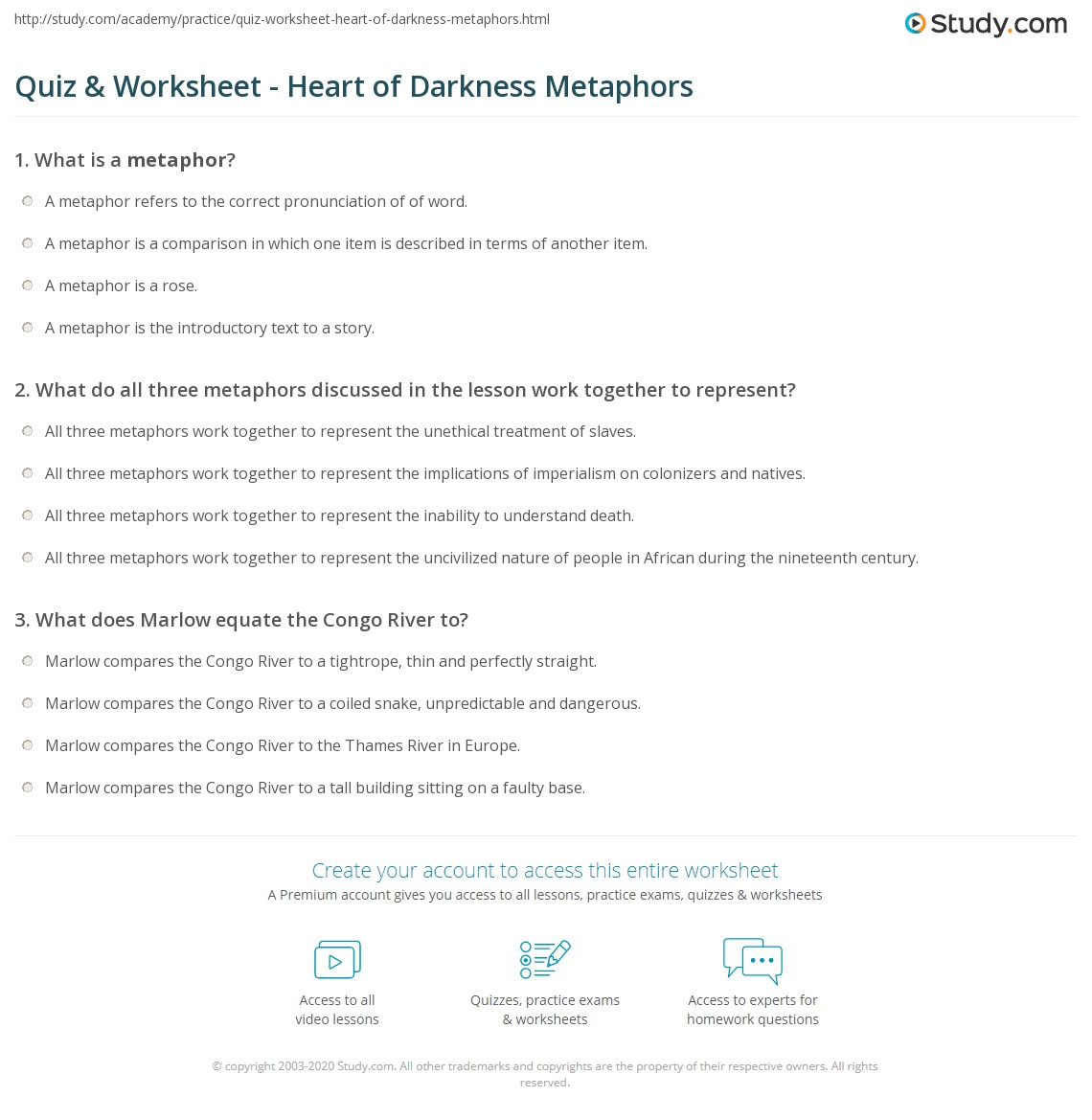 Quiz & Worksheet - Heart of Darkness Metaphors | Study.com