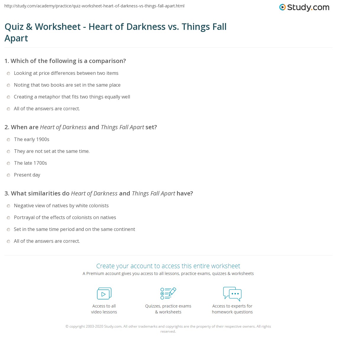Quiz & Worksheet - Heart of Darkness vs. Things Fall Apart | Study.com