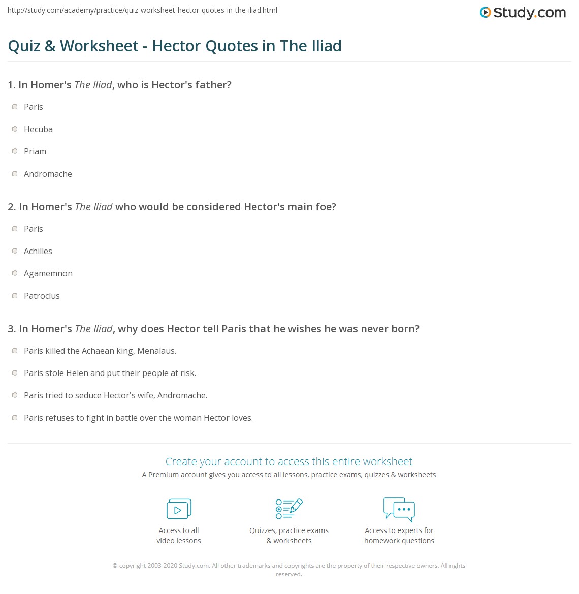 Quiz & Worksheet - Hector Quotes in The Iliad | Study.com