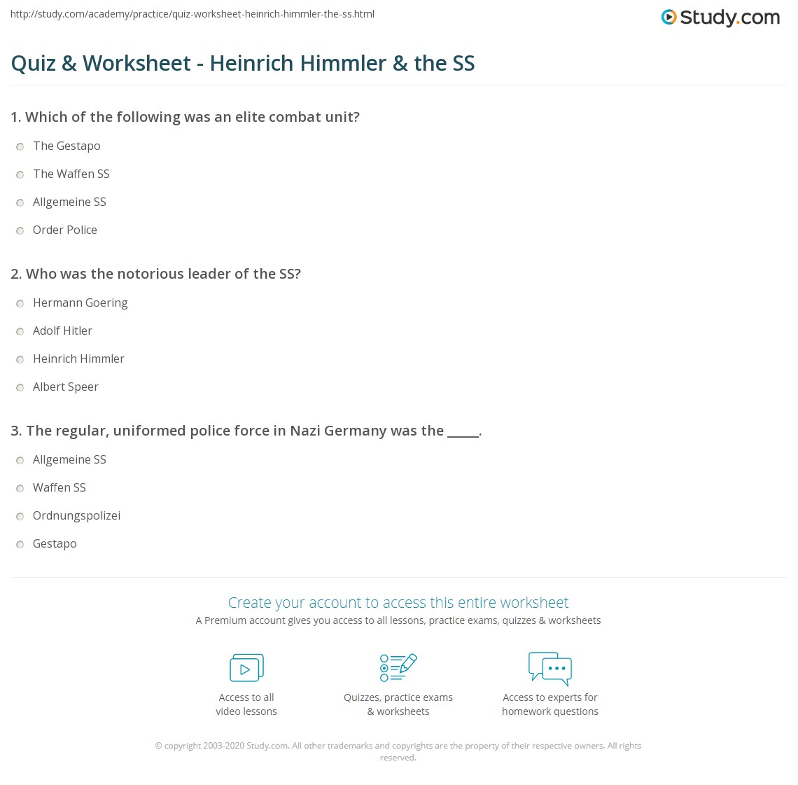 Quiz & Worksheet - Heinrich Himmler & the SS | Study.com
