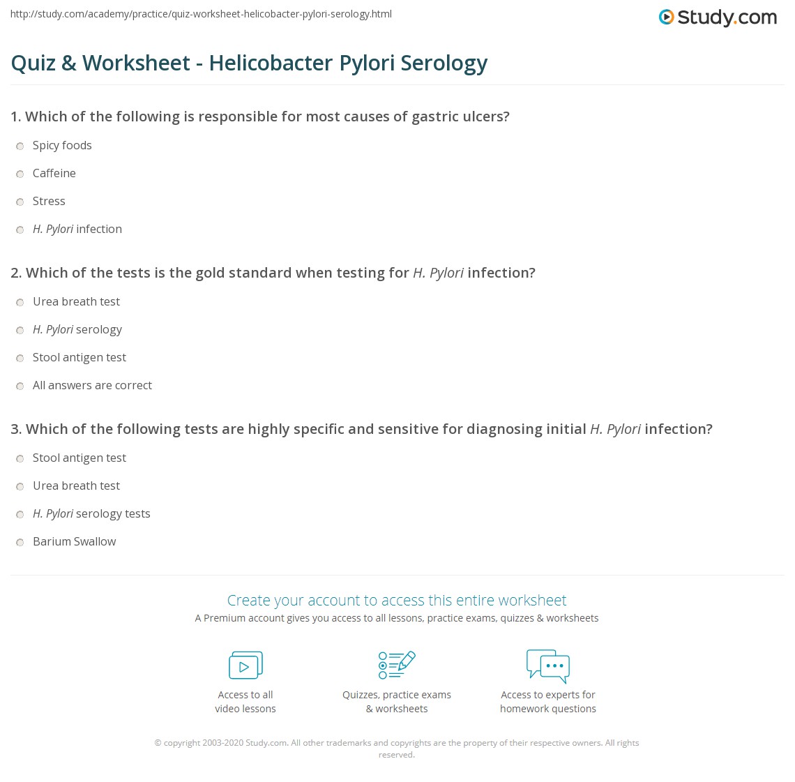 Quiz & Worksheet - Helicobacter Pylori Serology | Study.com