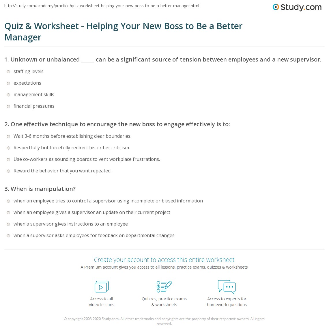 Quiz & Worksheet - Helping Your New Boss to Be a Better Manager | Study.com