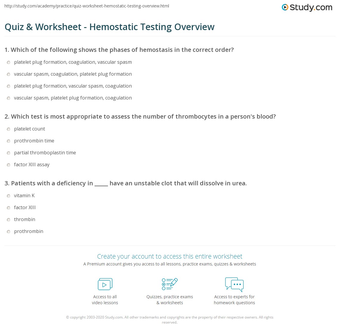 Quiz & Worksheet - Hemostatic Testing Overview | Study.com