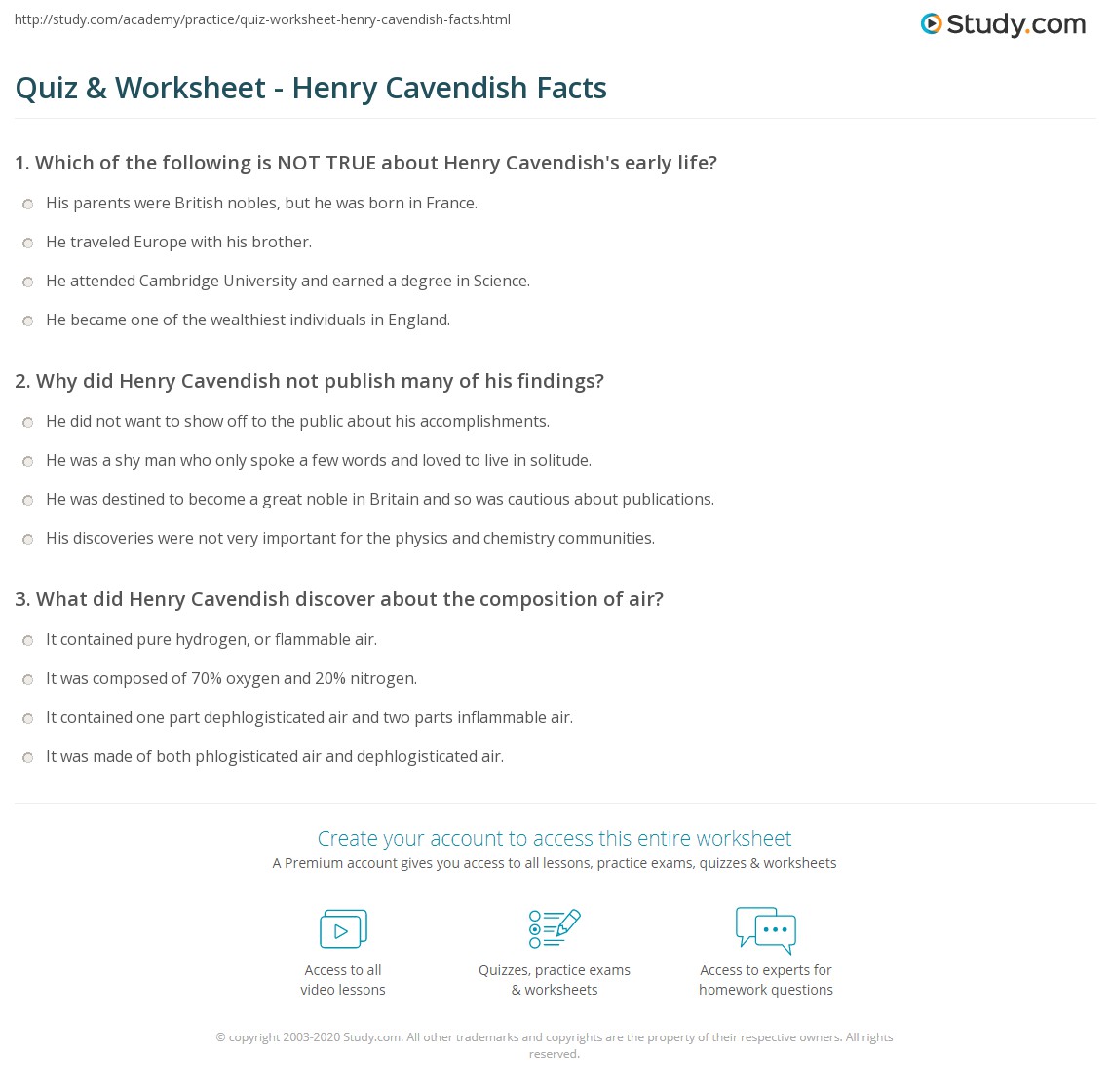 Quiz & Worksheet - Henry Cavendish Facts | Study.com