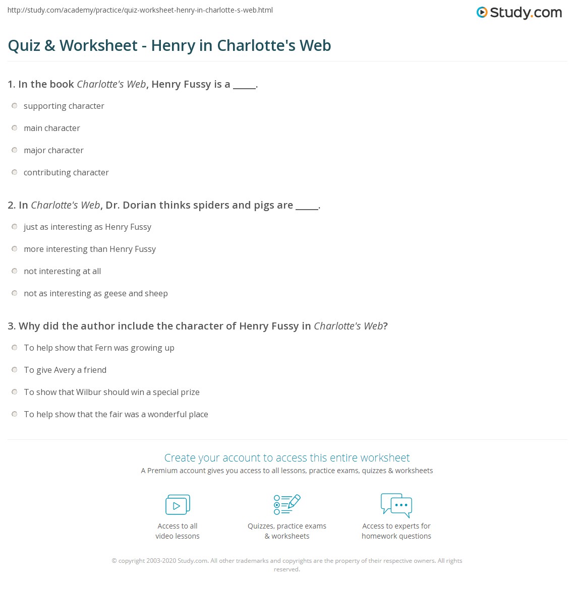 Quiz & Worksheet - Henry in Charlotte's Web | Study.com