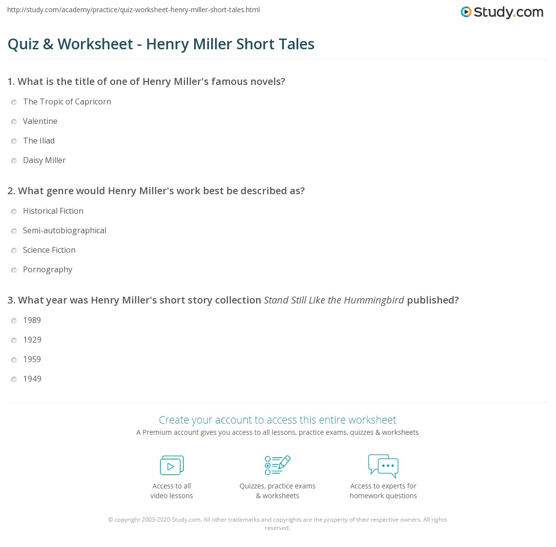 Quiz & Worksheet - Henry Miller Short Tales | Study.com