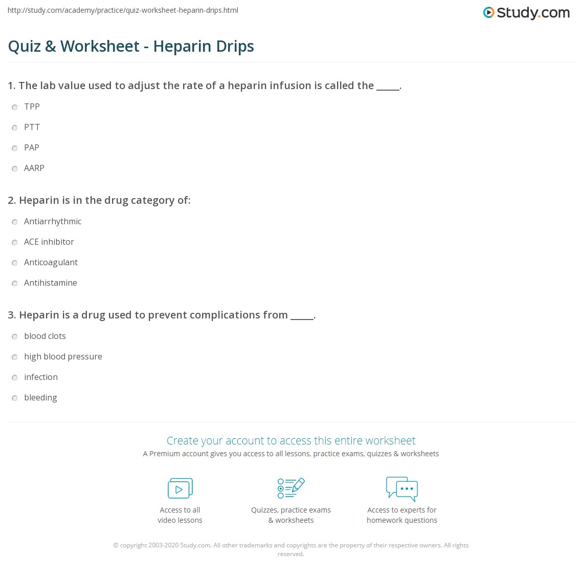Quiz Worksheet Heparin Drips Study Quiz Worksheet Heparin Drips Study