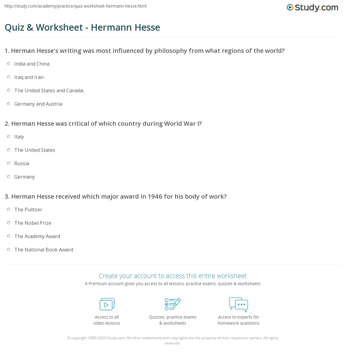 Quiz & Worksheet - Hermann Hesse | Study.com