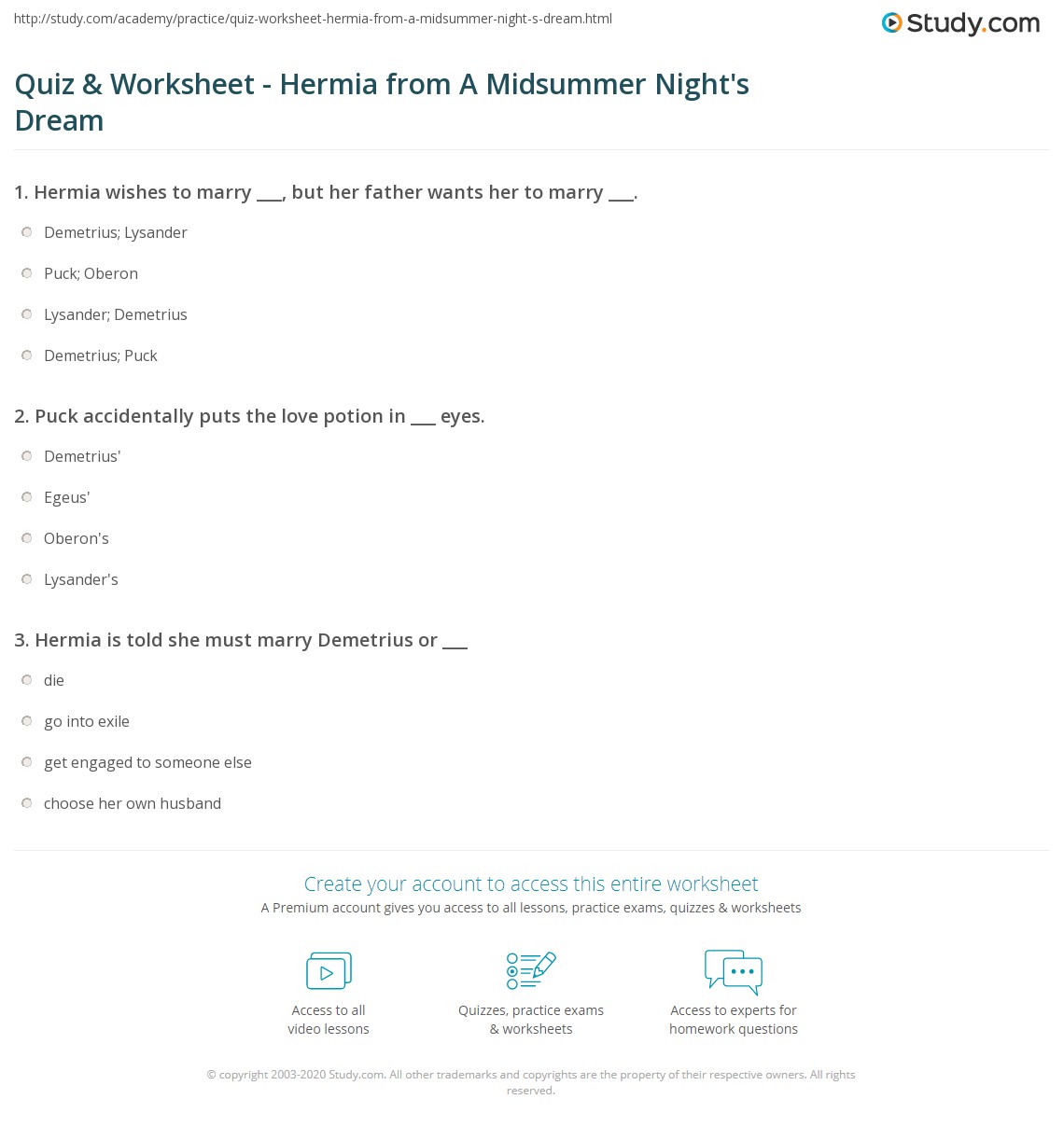 Quiz & Worksheet - Hermia from A Midsummer Night's Dream | Study.com