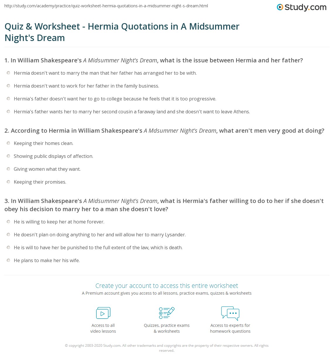 Quiz & Worksheet - Hermia Quotations in A Midsummer Night's Dream ...